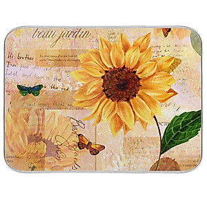 Vintage Yellow Sunflower And Butterfly Dish Drying Mat 16x18 inch Absorbent Reversible Microfiber Mat Dish Dry Pad Protector for Kitchen