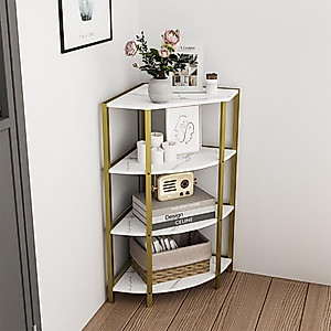 AMZOSS 4 Tier Corner Shelf Stand, Kitchen Shelf Organizer with Faux Marble Shelf and Gold Metal Frame, Freestanding Corner Shelf Display Rack for Living Room, Bathroom, Kitchen, Small Space