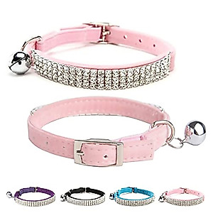 BINGPET Adjustable Cat Collar Soft Velvet Safe Collars Bling Diamante with Bells, Pink