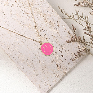 AULSIEY Smile Face Necklaces Cute Necklaces For Teen, Pink Necklace Hot Pink Jewelry Preppy Necklaces, Hot Pink Necklaces 14k Gold Plated Necklace Happy Face Necklace- Hot Pink