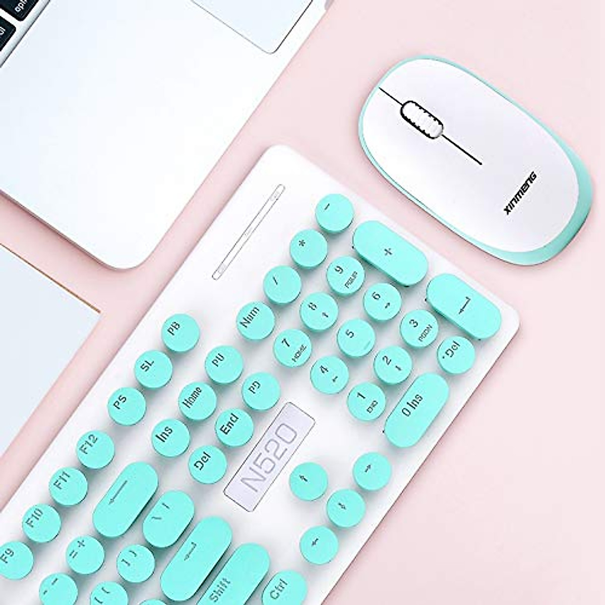 CORN Technology N520 Ergonomic Design, Retro Chiclet Round Keycaps, 2.4GHz Wireless Connectivity Silent Typing Keyboard and 1600DPI Mouse Combo for Office and Game (Blue)