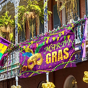 Large Mardi Gras Banner Decorations Purple Green Yellow Carnival Garden Flag Outdoor 72x44 Inch, Mardi Gras Gifts for Indoor Home House Decor Party Supplies, Yard Sign Background for Photography