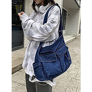 Nanwansu Denim Shoulder Bag Casual Style Canvas Bag Retro Travel Shopper Crossbody Handbag Hobo Tote Bag for Women Dark Blue