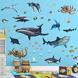 Removable 3D Removable Under The Sea Fish Wall Sticker DIY Ocean Animals Wall Decals Whale, Shark, Squid Wall Decor Peel and Stick Art for Kids Room Baby Bedroom Nursery Boy and Girls