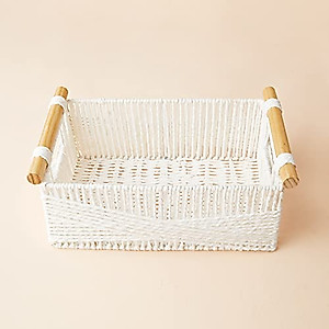 LA JOLIE MUSE Wicker Storage Baskets for Organizing, Recyclable Paper Rope Basket with Wood Handles, Decorative Hand Woven Basket Organizers for Makeup Books Shelves Living Room, White, Set of 2
