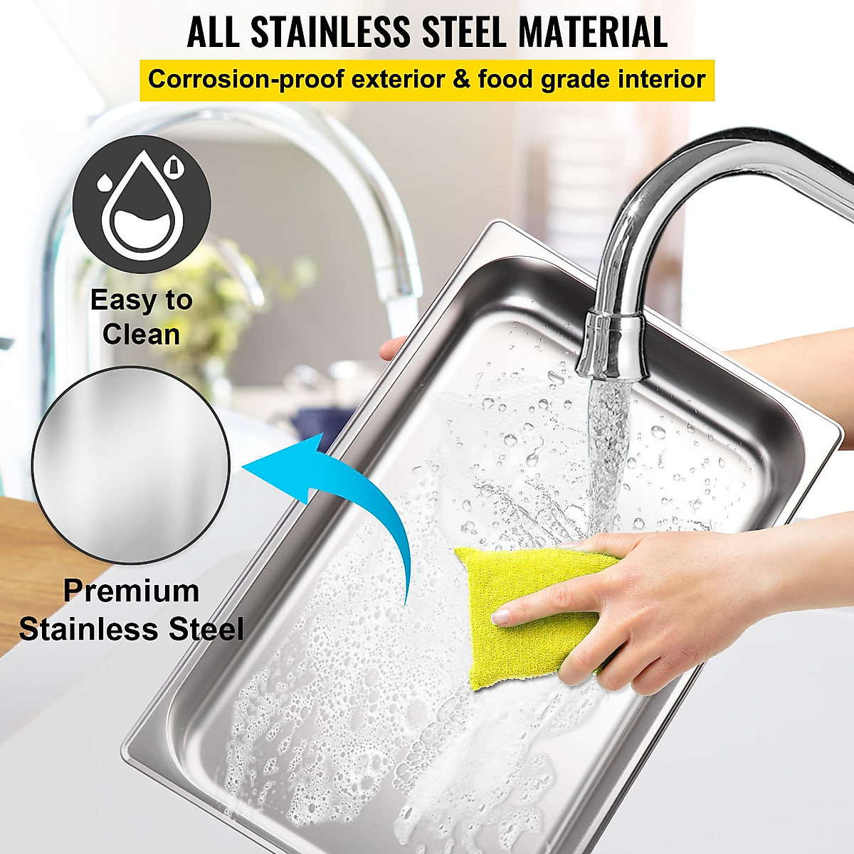 VEVOR 110V 6-Pan Commercial Food Warmer, 1200W Electric Steam Table 15cm/6inch Deep, Stainless Steel Buffet Bain Marie 32 Quart for Restaurants