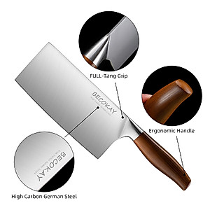 BECOKAY Meat Cleaver 7 inch Vegetable Cleaver Knife - Chinese Chef's Knife German High Carbon Stainless Steel Butcher Knife with Ergonomic Handle for Home Kitchen and Restaurant