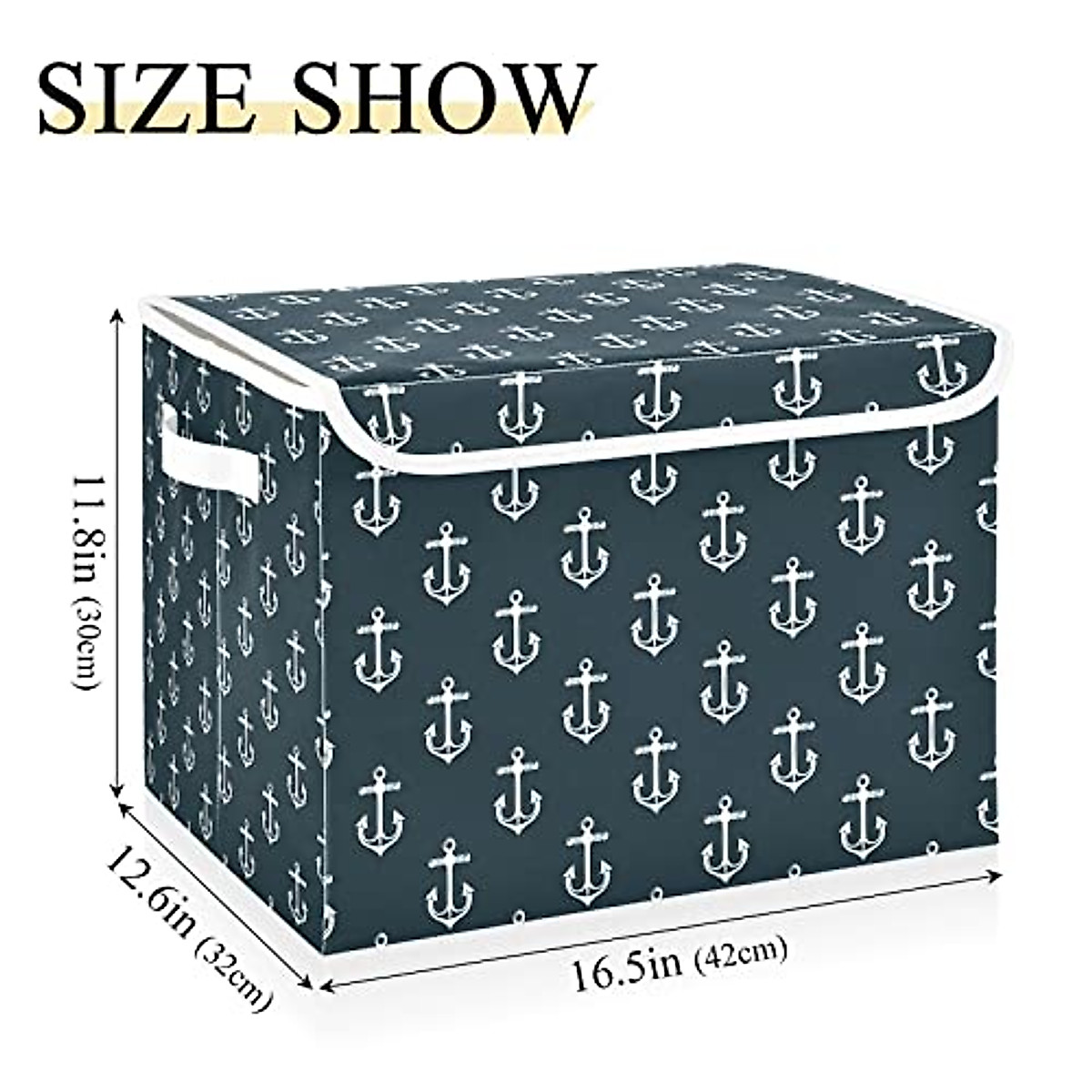 Kigai Storage Basket Blue Sea Anchor Nautical Storage Boxes with Lids and Handle, Large Storage Cube Bin Collapsible for Shelves Closet Bedroom Living Room, 16.5x12.6x11.8 In