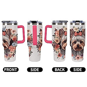 WYUSPGK 40oz Stainless Steel Car Mug, Yorkie Floral Print Travel Mug, Double-Wall Insulated with Straw, Perfect for Car, Office, Outdoor