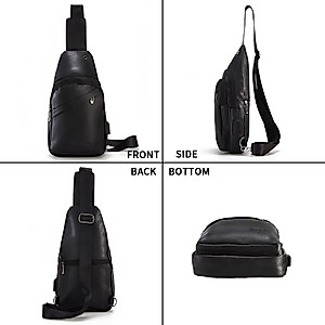 Men's Small Leather Sling Bags Water Resistant Travel Chest Shoulder Crossbody Bag with USB Black