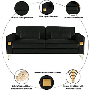 Betoko Velvet Upholstered Sofas Couches for Living Room Modern Channel Tufted Small 3 Seater Sofa Couch with Golden Metal Legs for Bedroom Office and Small Spaces (Black)
