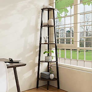 PITMOTO Corner Shelf Stand,5-Tier Corner Bookshelf Storage Standing Unit with Metal Frame,Corner Bookcase Plant Stand for Living Room,Home Office,Bedroom,Bathroom,Rustic Brown