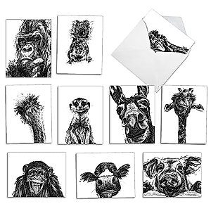 The Best Card Company - 10 Assorted Blank All Occasions Notecards Boxed Set 4 x 5.12 Inch with Envelopes (10 Designs, 1 Each) Boxed Assorted Kid Cards of Pets - CHARCOAL ANIMALS M2956OCB