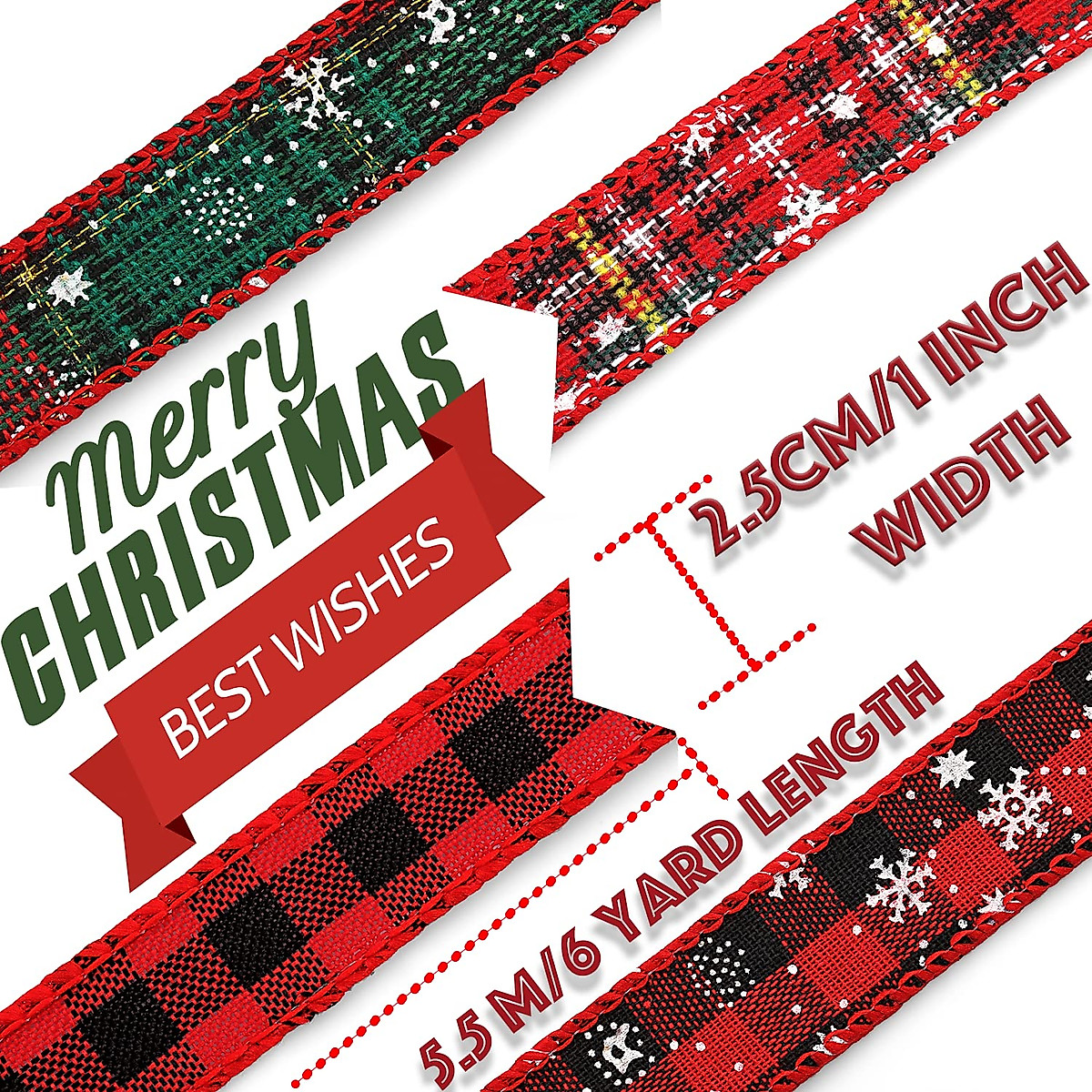 Christmas Ribbon, Ribbon for Christmas Tree, Snowflake Christmas Plaid Ribbon, Christmas Crafts, Home Wrapping Craft Decoration, Ribbons for Crafts, 24 Yards in Total, 6 Yards Each Roll, 1 Inch Width