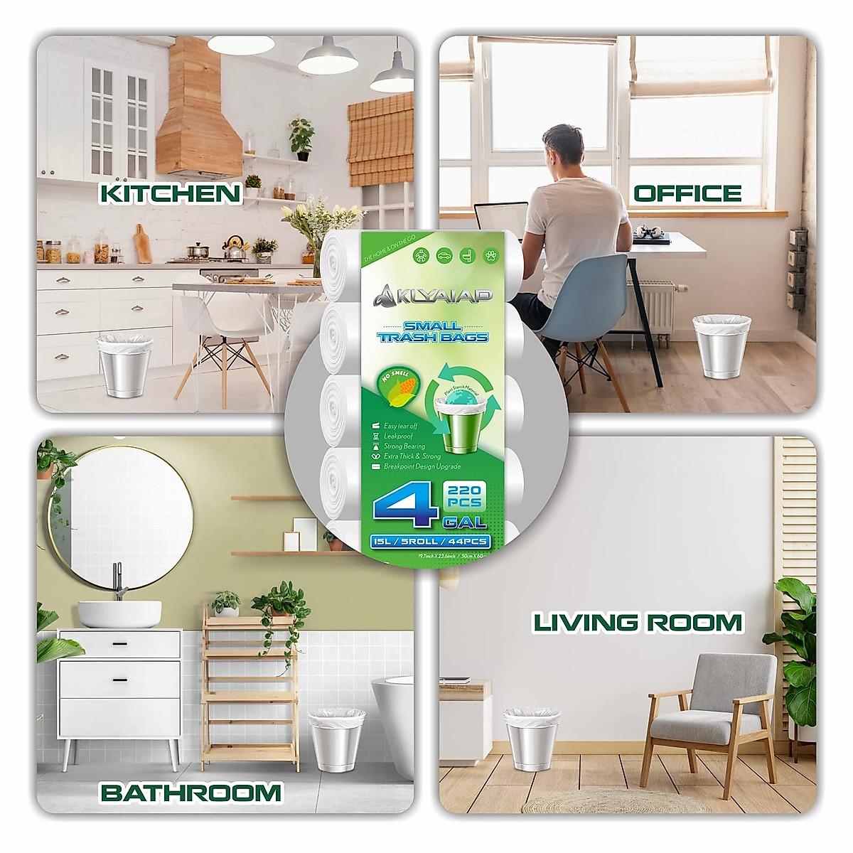 220 Counts Aklyaiap 4 Gallon Trash Bag,Tear & Leak Resistant Bathroom Garbage Bags 4 gallon,White &Unscented Bathroom Trash Bags，Biodegradable Trash Bags Small Trash Can Bags for Home & Kitchen，5Rolls