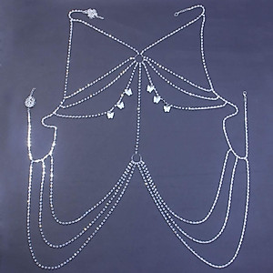Sexy Rhinestone Butterfly Bra Body Chain Summer Beach Crystal Bralette Harness Cross Body Chain Necklace Crystal Waist Chain for Women Body Accessories(Silver 1)