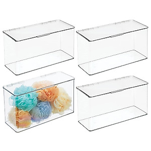 mDesign Plastic Bathroom Storage Organizer Box Containers with Hinged Lid for Vanity Drawers - Holds Lotions, Face Towels, Cotton Swabs, Soap, or Accessories - Lumiere Collection - 4 Pack - Clear