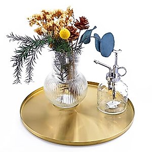 FREELOVE Thin Edge Round Serving Platter for Kitchen Coffee Table, Decorative Tray for Perfume Jewelry Candle Makeup Organizer Desk Vanity Countertop Bathroom Dresser Sink, Light Gold, 12 inch