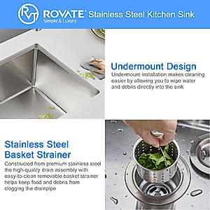 ROVATE 20 inch Kitchen Sink Undermount Singel Bowl, Bar or Kitchen Sink Handmade, 304 Stainless Steel Kitchen Sink with Strainer