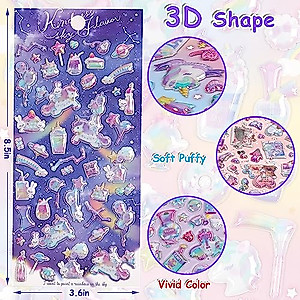 3D Puffy Unicorn Stickers for Girls Kids | Cute Sparkle Rainbow Stars Moons Clouds Candy Stickers for Phone Cases, Laptops, Party Favors | 4 Sheets.