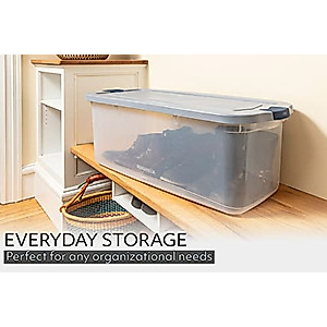 Rubbermaid Roughneck Clear 95 Qt/23.75 Gal Storage Containers, Pack of 4 with Latching Grey Lids, Visible Base, Sturdy and Stackable, Great for Storage and Organization