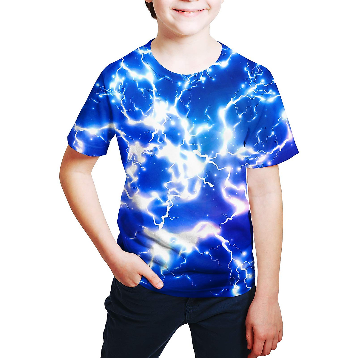 EOWJEED Kids T Shirts for Boys Girls Shirt 3D Blue White Lightning Graphic Printing Classic Crewneck Design Youth Teen Tee 8-10 Years