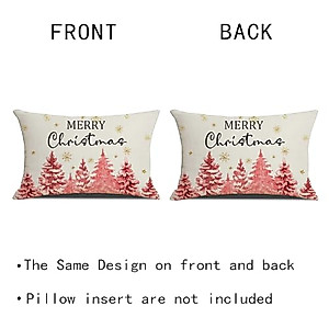 wyooxoo Christmas Pillow Covers 12x20 Inch Christmas Tree Pink Decorations Throw Pillow Covers Winter Holiday Decor Linen Pillowcase for Sofa Couch Home Decor (12" x 20", Pink)