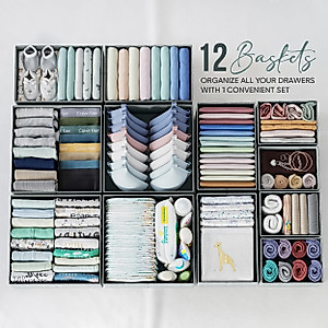 NEATERIZE Drawer Organizer - [Set Of 12] - Closet Organizer and Storage Baskets| Foldable Cloth Drawers Divider | Fabric Bin For Dresser & Shelves |Organize Underwear, Socks, Bra, & Tie’s (Grey)