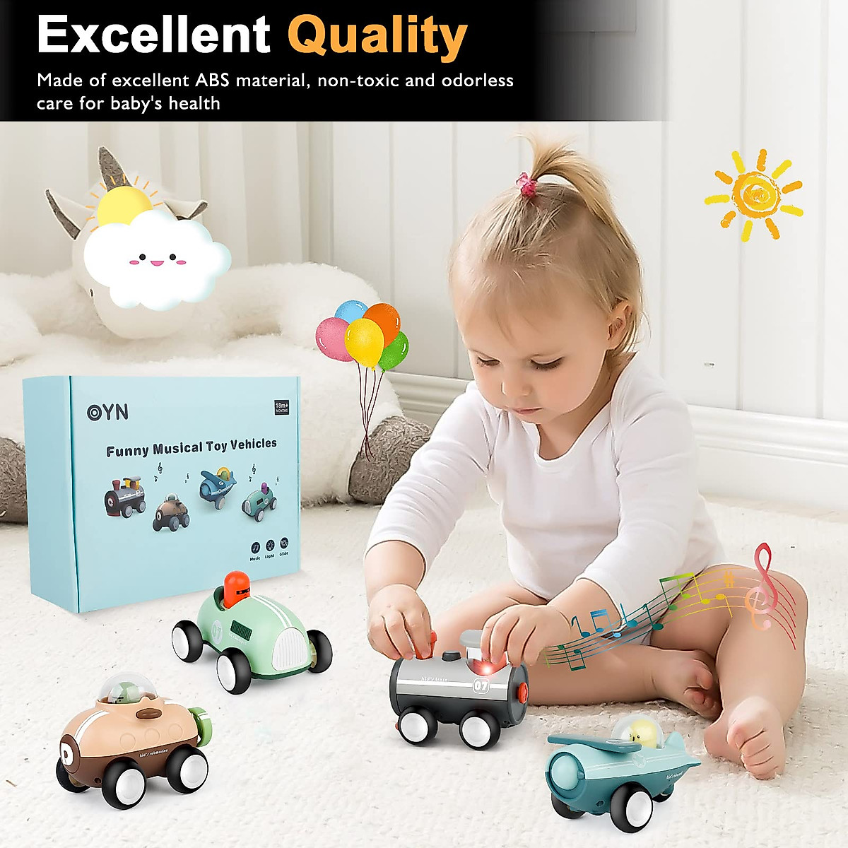 FVLFIL 4PCS Toy Car Electric Music Set, OYN Food Grade ABS Material Car, Plane, Train, Submarine Vehicle Four-Piece, Gift Specially Designed for Children and Babies (More Than 12 Months)………