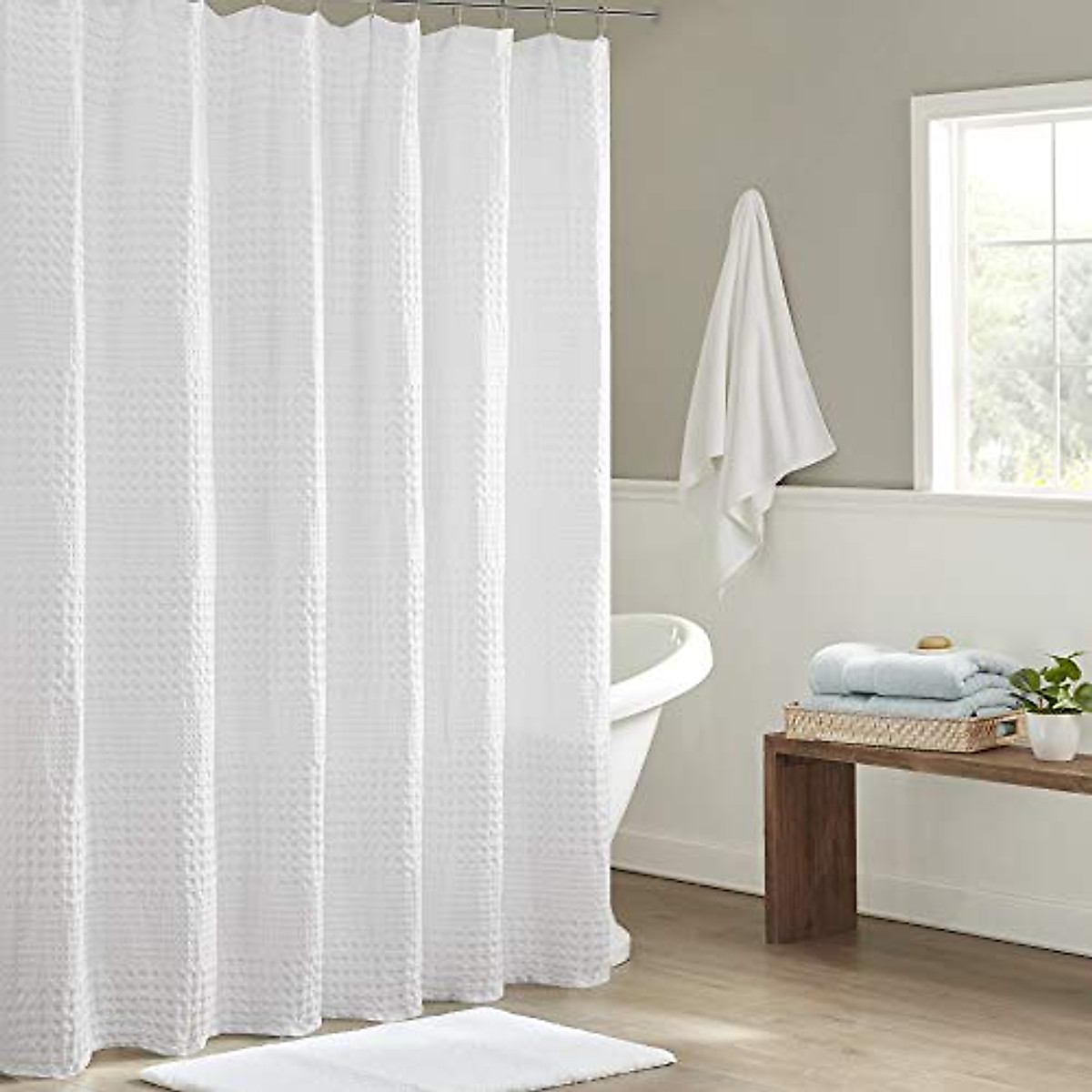 Madison Park Arlo 100% Cotton Shower Curtain, Texture Waffle Weave Design 800 GSM Hotel Quality, Soft Trendy Bathroom Décor, Machine Washable, Bathtub Fabric Privacy Screen, 72" x 72", White