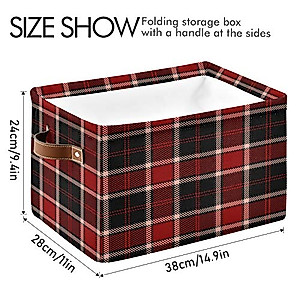 ALAZA Decorative Basket Rectangular Storage Bin, Red Black and Pink Tartan Plaid Scottish Organizer Basket with Leather Handles for Home Office