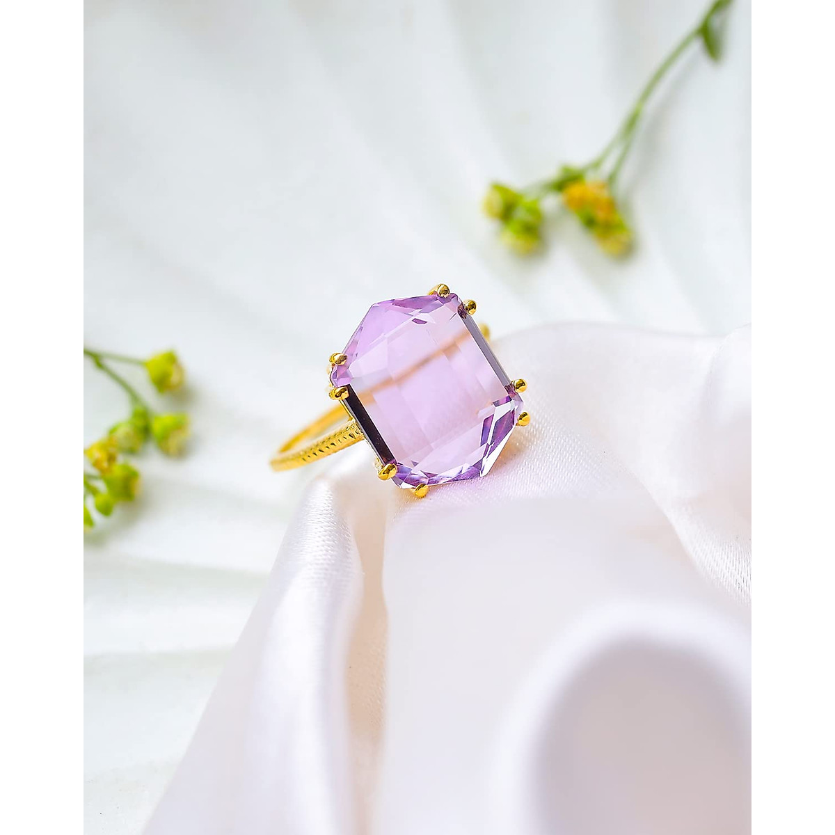 YoTreasure Natural Amethyst Gold Plated over 925 Sterling Silver Statement Double Prong Ring For Women