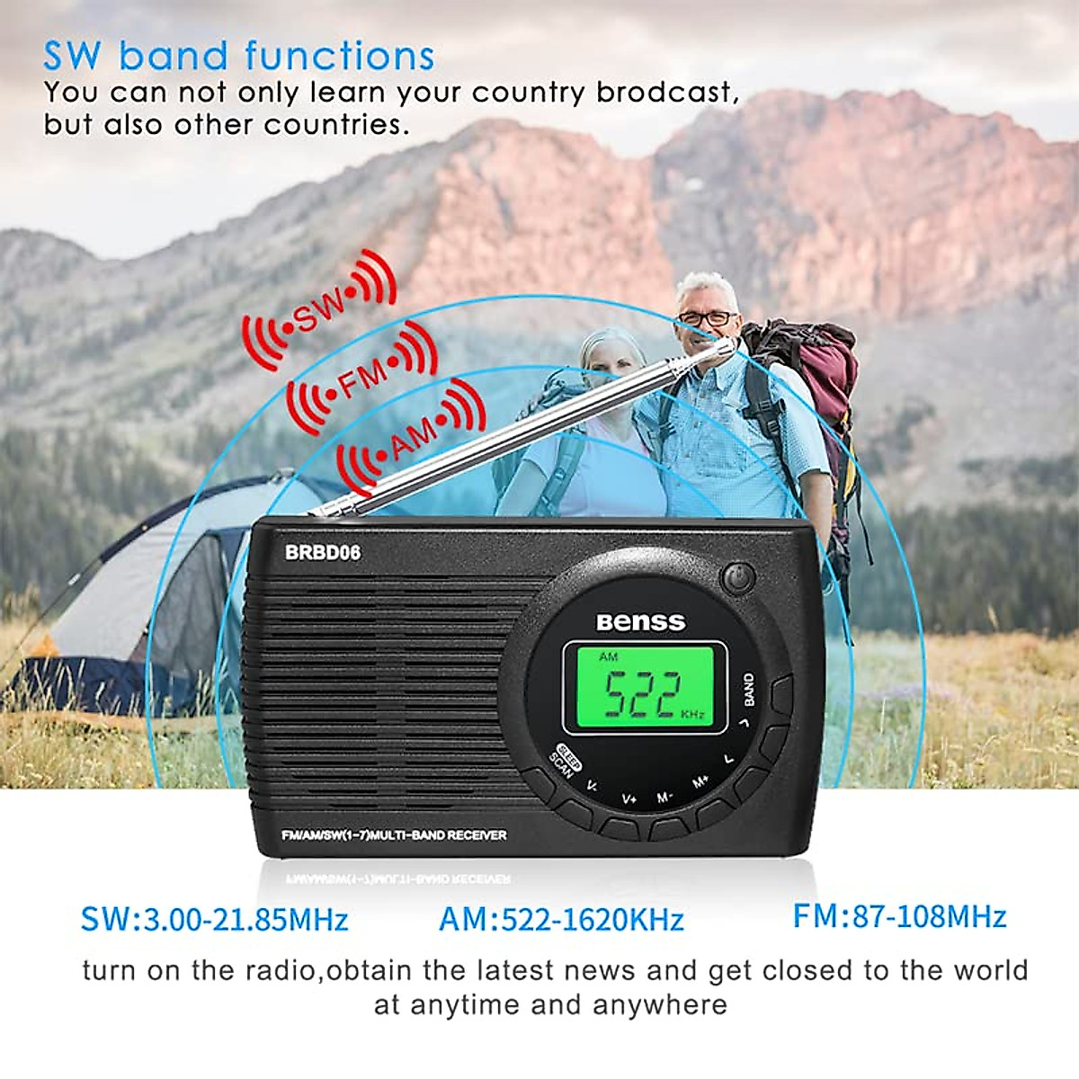 Benss Small Radio Battery Operated FM/AM/SW, Portable Radios with Screen Display/Headphone Jack/Alarm Clock, Mini Transistor Radio with AA Battery Operated for Hiking and Camping
