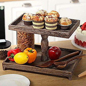 Farmhouse Tiered Tray Stand Rustic Wood Tiered Tray Decor Holder Farmhouse Wooden Tiered Tray Decorative 2 Tier Rectangular Tray Serving Farmhouse Two Tiered Stand for Home Kitchen Cake (Brown)