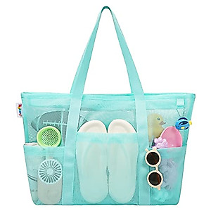 Tagitary Mesh Beach Bag with Zipper, Blue Large Beach Tote Waterproof Sandproof with 8 Pockets for Beach Toys Storage Swim Pool Bag Beach Accessories for Vacation Sports Camping Picnic Travel Bag