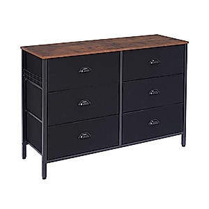 DOVAMY 6 Drawer Dresser for Bedroom, Fabric Dresser Organizer, Wide Dresser with Vintage Wooden Top, Steel Frame, Chest of Drawers, Closet, Nursery and Living Room, Black