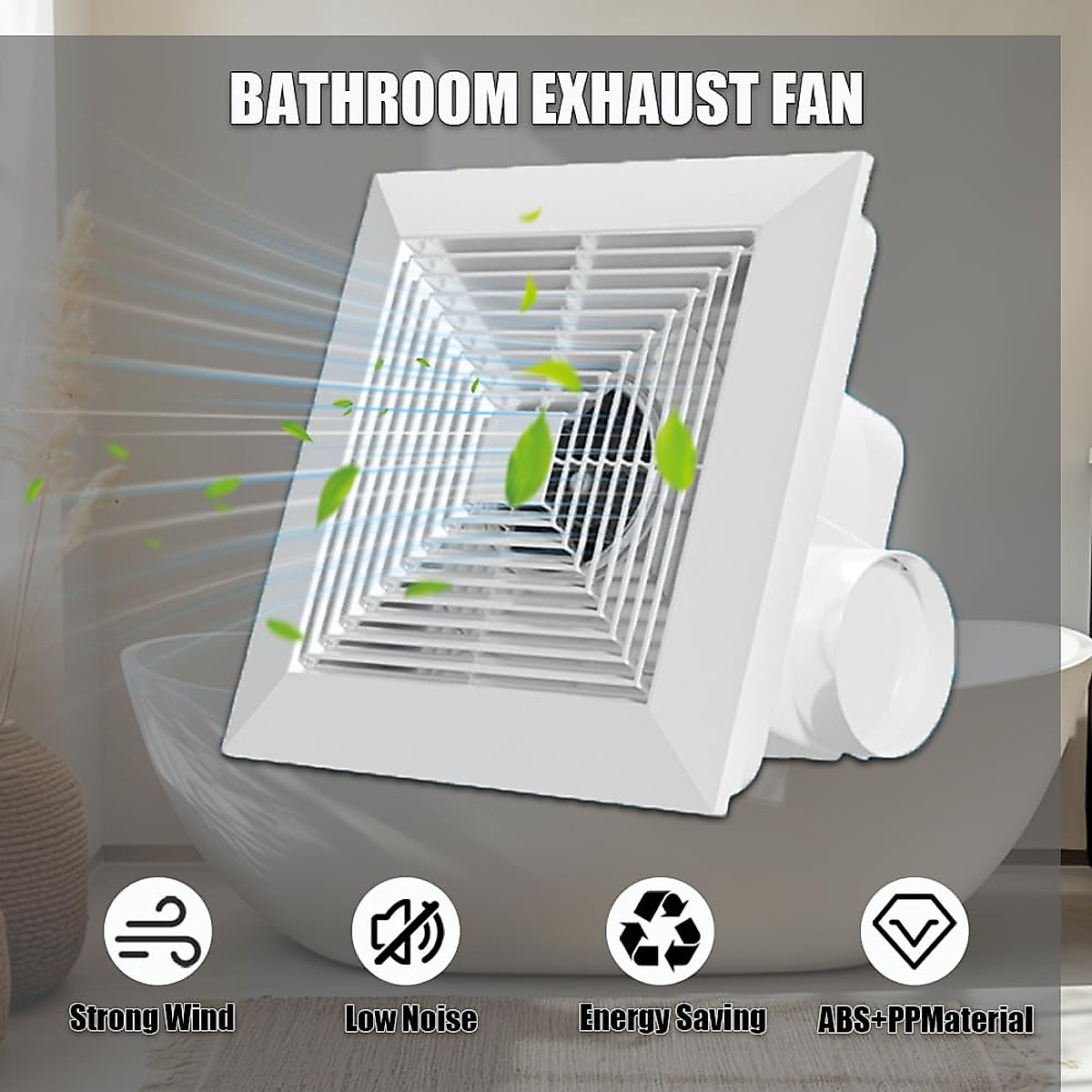 RLOZUI 8 inch Bathroom Exhaust Fan, 25W 90 CFM Bathroom Ventilation Fan Shower Ceiling Ventilation White Square Extractor Fan For Bathroom Kitchen Restroom Home Office
