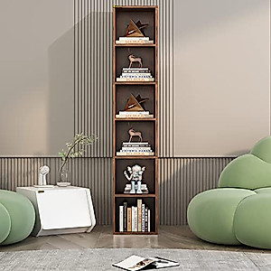 MIN WIN 6-Tier Wooden Tall Narrow Open Bookcase and Bookshelves, 68.5" Modern Freestanding Cube Display Storage Organizer Shelf, Corner Bookcase Narrow Bookshelf with Storage Space, Rustic