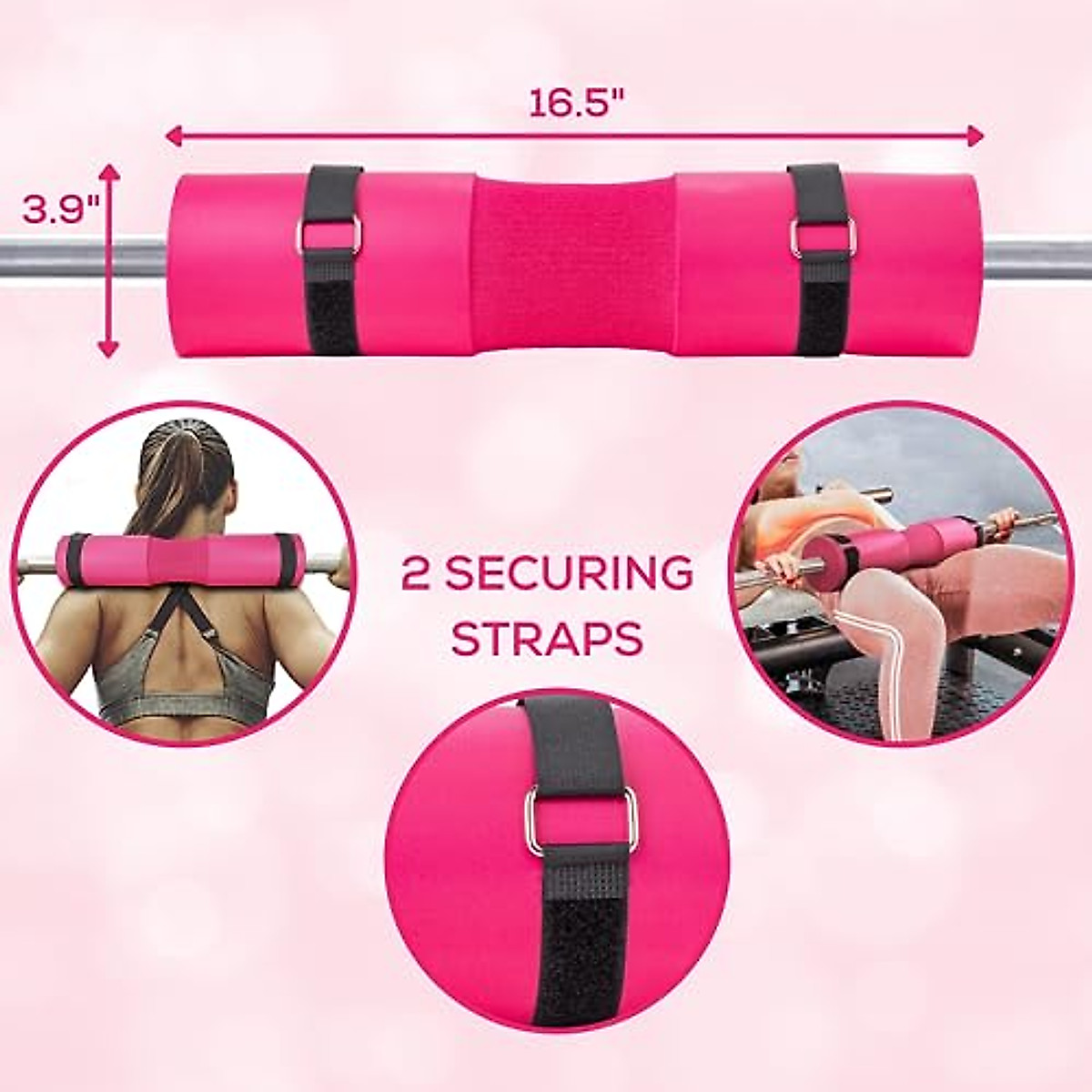 Elite Athletics Barbell Squat Pad with Secure Straps & Carry Bag for Hip Thrusts, Pair of Gym Ankle Straps for Cable Machines, 2 Hip Resistance Bands, 2 Wrist Lifting Straps (Pink)