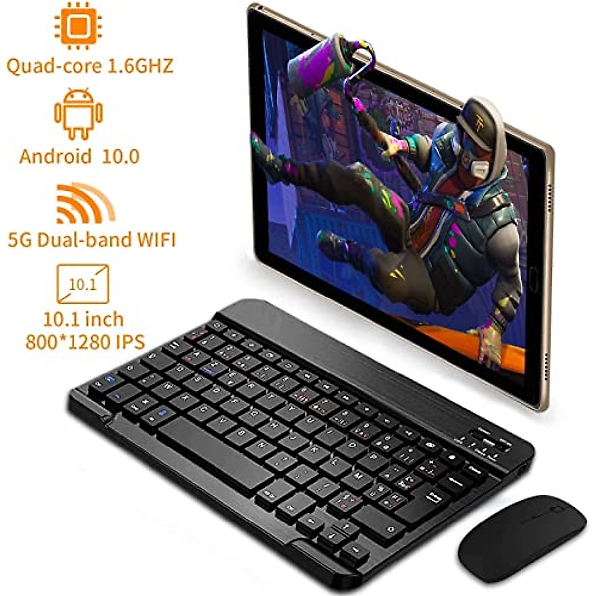 2023 Newest Tablet with Keyboard 10 Inch, Android Tablet Newest Octa-core Processor, 64GB ROM + 4GB RAM Storage, 256GB Expandable, 2 in 1 Tablet with Dual WiFi network, 1920x1200 HD Display -Gold