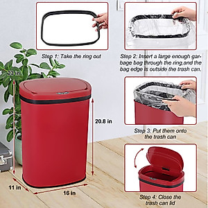 Trash Can 13 Gallon Automatic Kitchen Garbage Can Touch Free Stainless Steel Kitchen Trash Can with Lid, 50L High Capacity Electronic Touchless Sensor Trash Bin Garbage Bin Waste Bin, Red