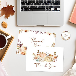 Whaline 36 Pack Fall Thank You Cards Watercolor Pumpkin Floral Greeting Cards Blank Note Cards with Envelope & Stickers for Autumn Thanksgiving Party Supplies, 4 x 6 Inch