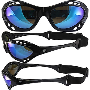 Birdz Eyewear Seahawk Polarized Padded Sunglasses Jetski Kayaking Watersports Black Frames 2 Pairs with Blue & Red Reflectech Lenses