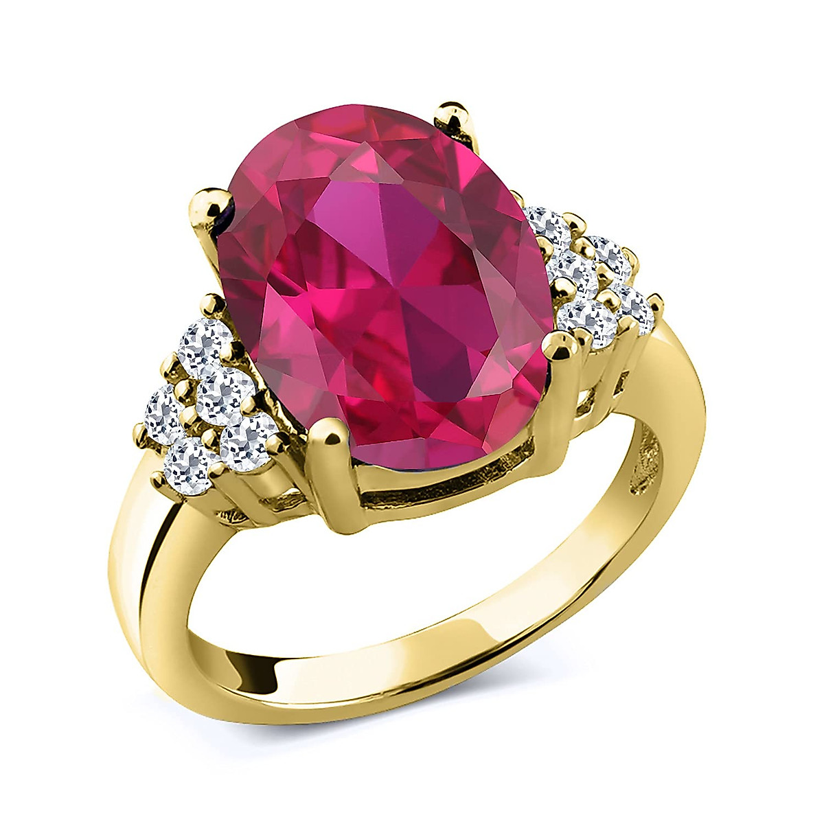 Gem Stone King 18K Yellow Gold Plated Silver Red Created Ruby and White Topaz Women Ring (5.40 Ct Oval 12X10MM, Available 5,6,7,8,9) (Size 6)