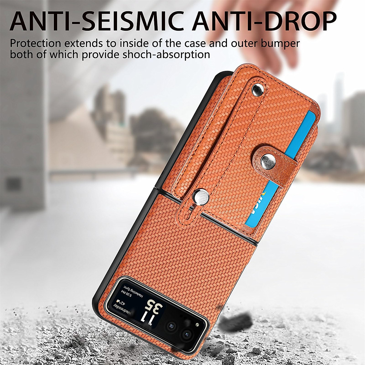 DAMONDY for Consumer Cellular Moto Razr 2023 Case with Wristband Ring,Motorola Razr 2023 Flip Case, Full Body Thin PU Leather Wrist Strap Kickstand Phone Cover Cases for Motorola Razr 2023 -Brown