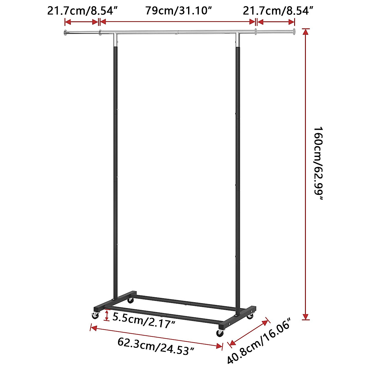 JIUYOTREE Rolling Clothes Rack with Shelf Clothing Garment Rack with Wheels Width Adjustable Clothing Organizer for Hanging Clothes Shirts Pants Skirts and Bags Black