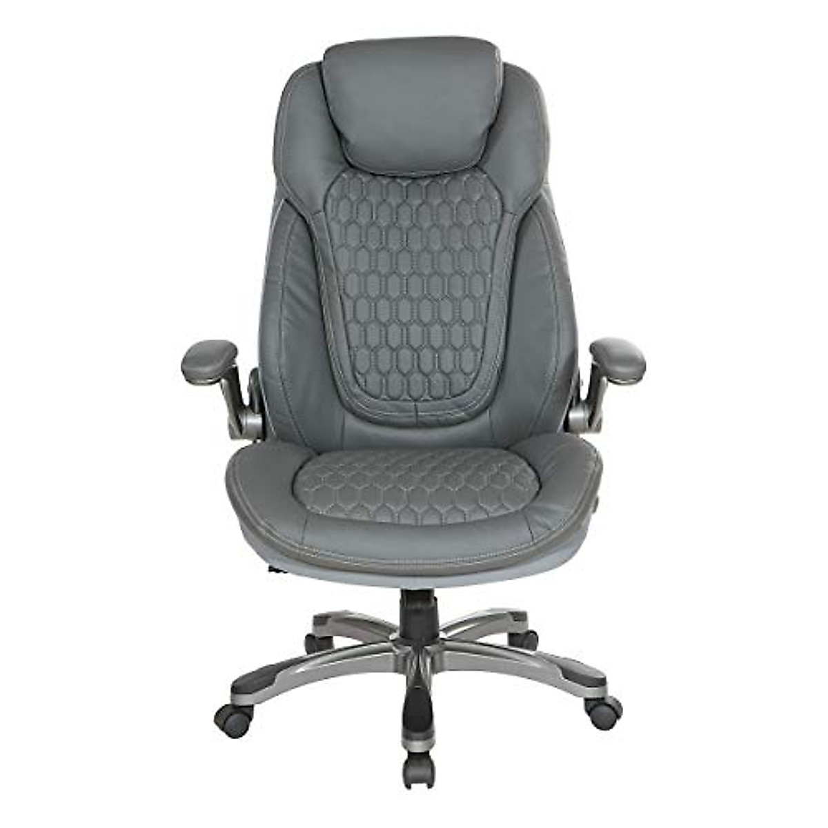 Office Star ECH Series Deluxe Executive High Back Bonded Leather Chair with Adjustable Seat and Padded Flip Arms, Grey with Titanium Nylon Base