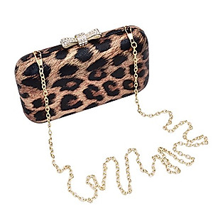 Elegant Leopard PU Leather Crystal Bow Top Hard Clutch, Brown
