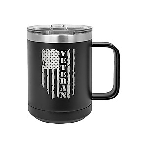 Rogue River Tactical USA Tattered American Flag Veteran Heavy Duty Stainless Steel Black Coffee Mug Tumbler With Lid Novelty Cup Great Gift Idea