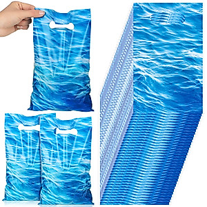 Sweetude 50 Pcs Ocean Waves Party Gifts Bags Goodie Bags with Handles Plastic Under the Sea Ocean Waves Reusable Treat Bags Gift Bags Blue Pool Party Favor Bags for Ocean Theme Birthday